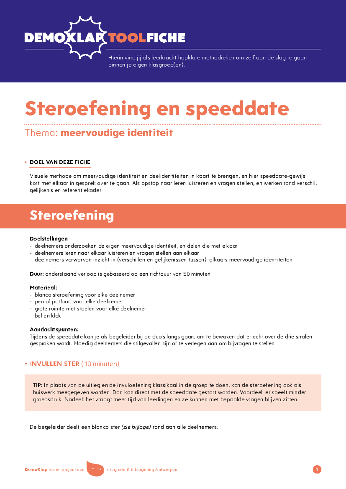 Toolfiche - Meervoudige Identiteit: Steroefening en Speeddate - Studocu
