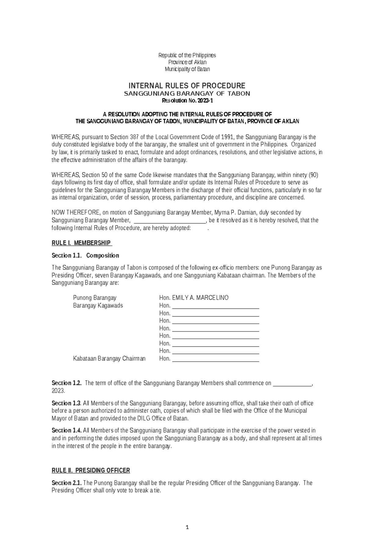 Internal Rules of Procedure for Sangguniang Barangay Tabon - Studocu