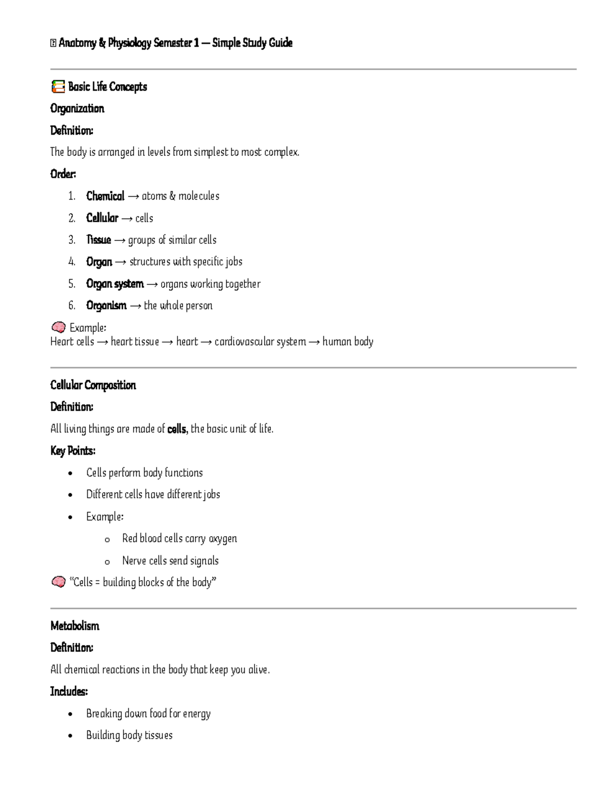 Anatomy PHYS 101 Semester 1 Study Guide: Basic Life Concepts - Studocu