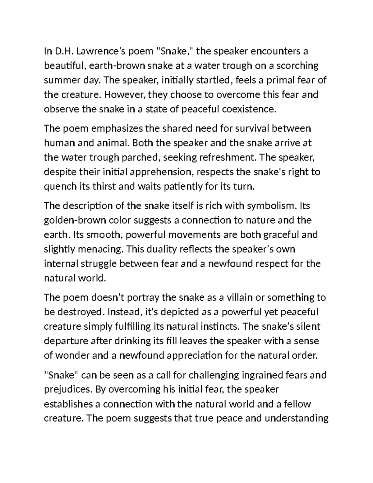 D.H. Lawrence's "Snake" Poem Summary and Analysis - Studocu