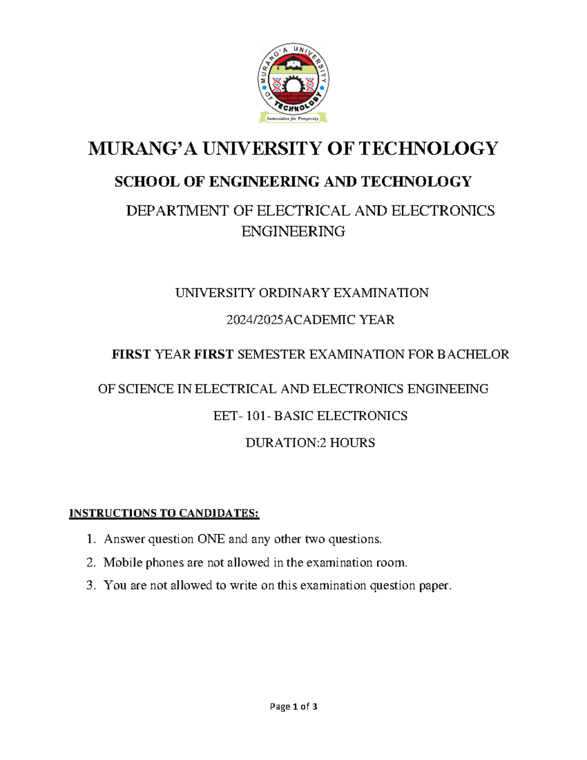 EET 101 - Basic Electronics Final Exam Questions and Instructions - Studocu