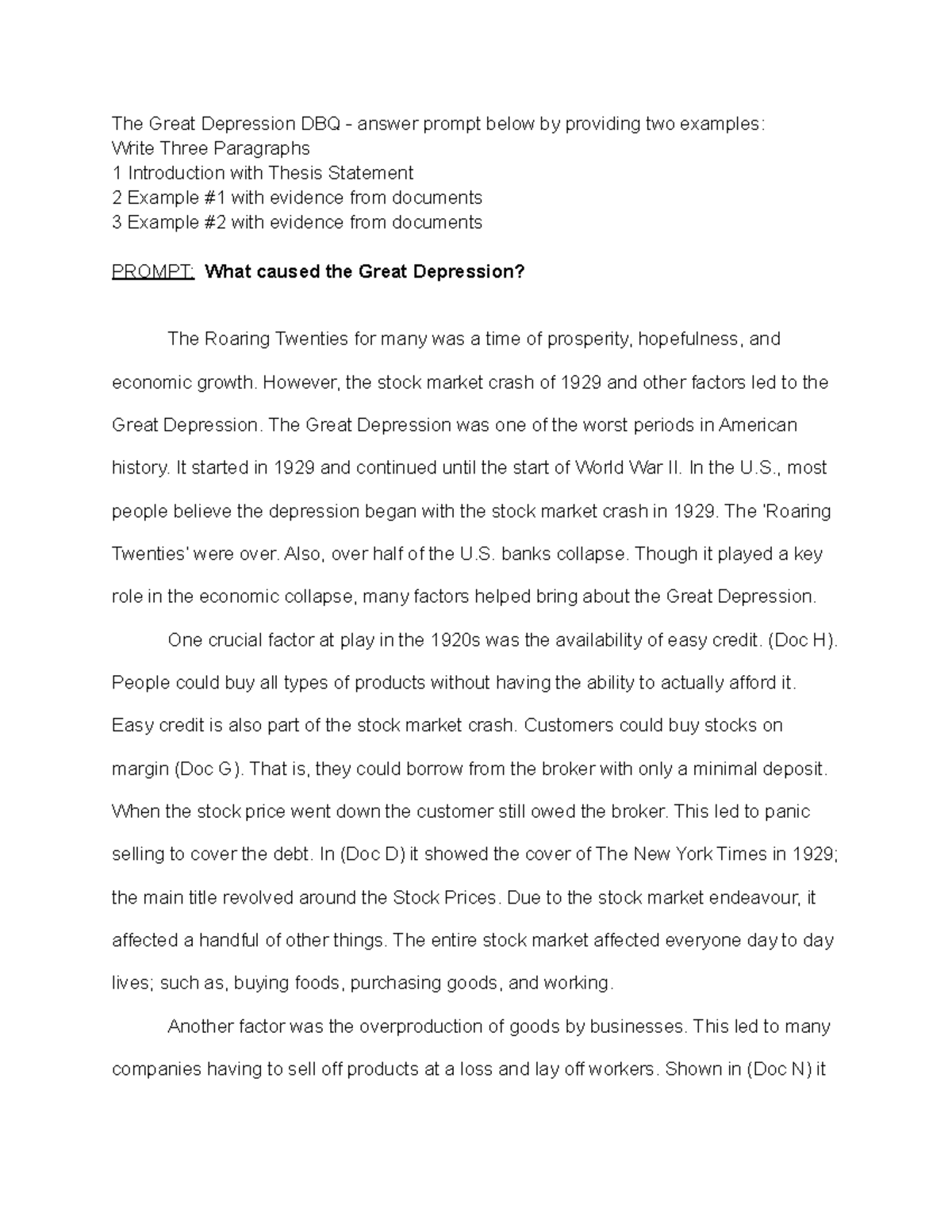 The Great Depression DBQ Response lecture Notes - The Great Depression ...