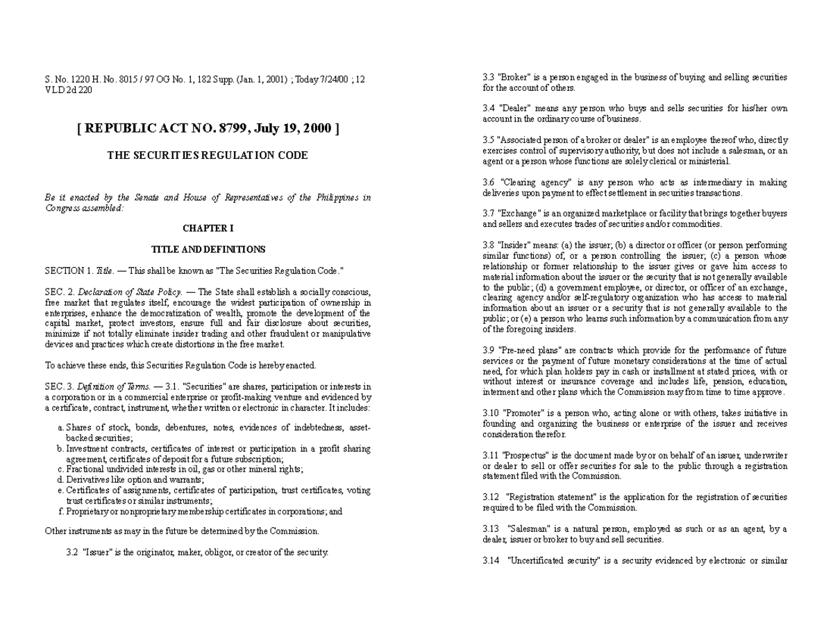 RA 8799 SRC - Comprehensive Overview of the Securities Regulation Code ...