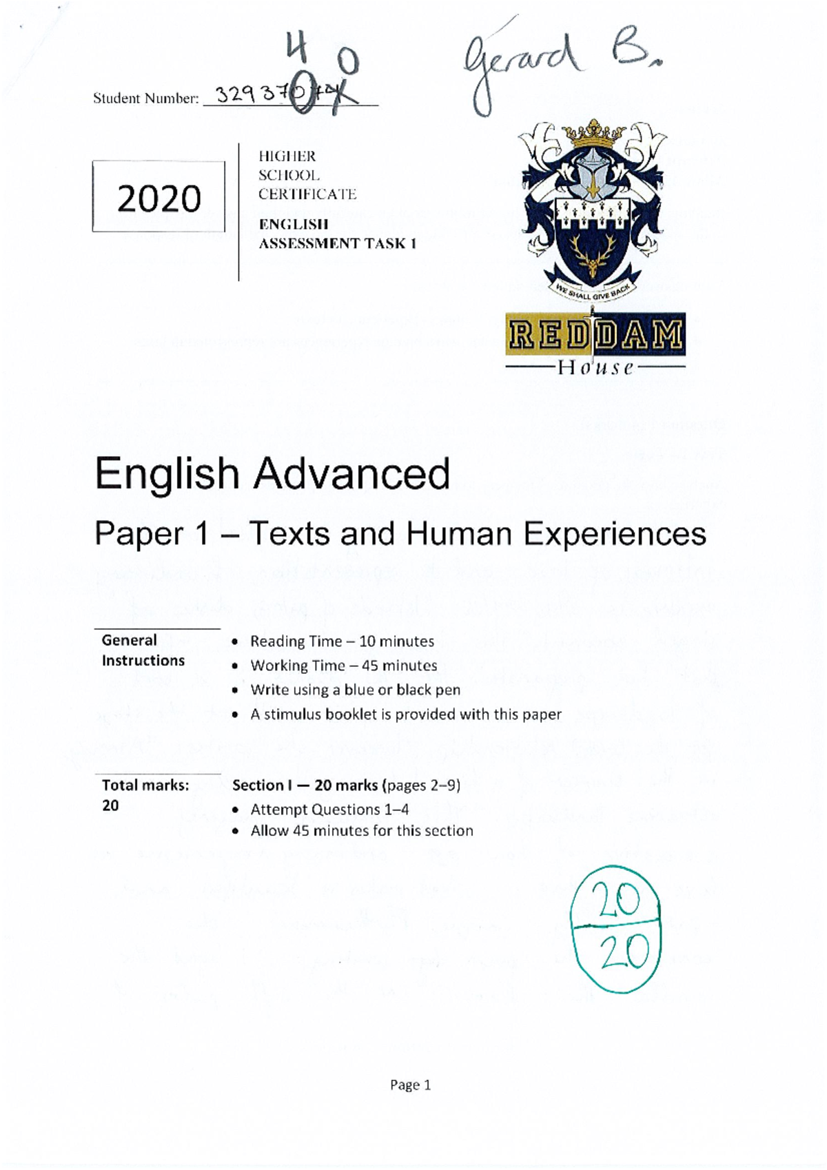 Gerard B. 2020 English Assessment Task 1: Texts & Human Experiences ...