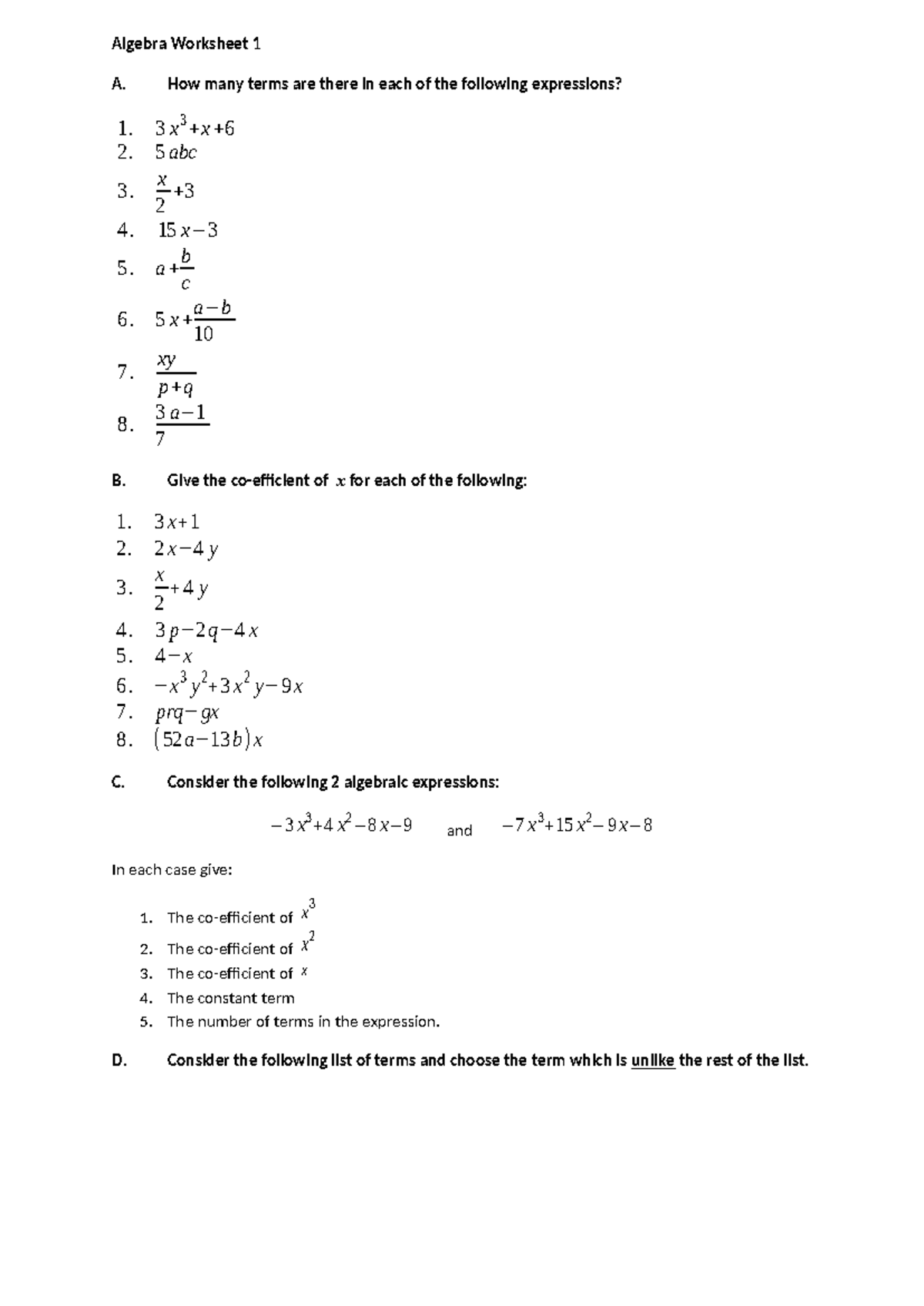 Algebra Worksheet 1: Products and Factors Analysis - Studocu