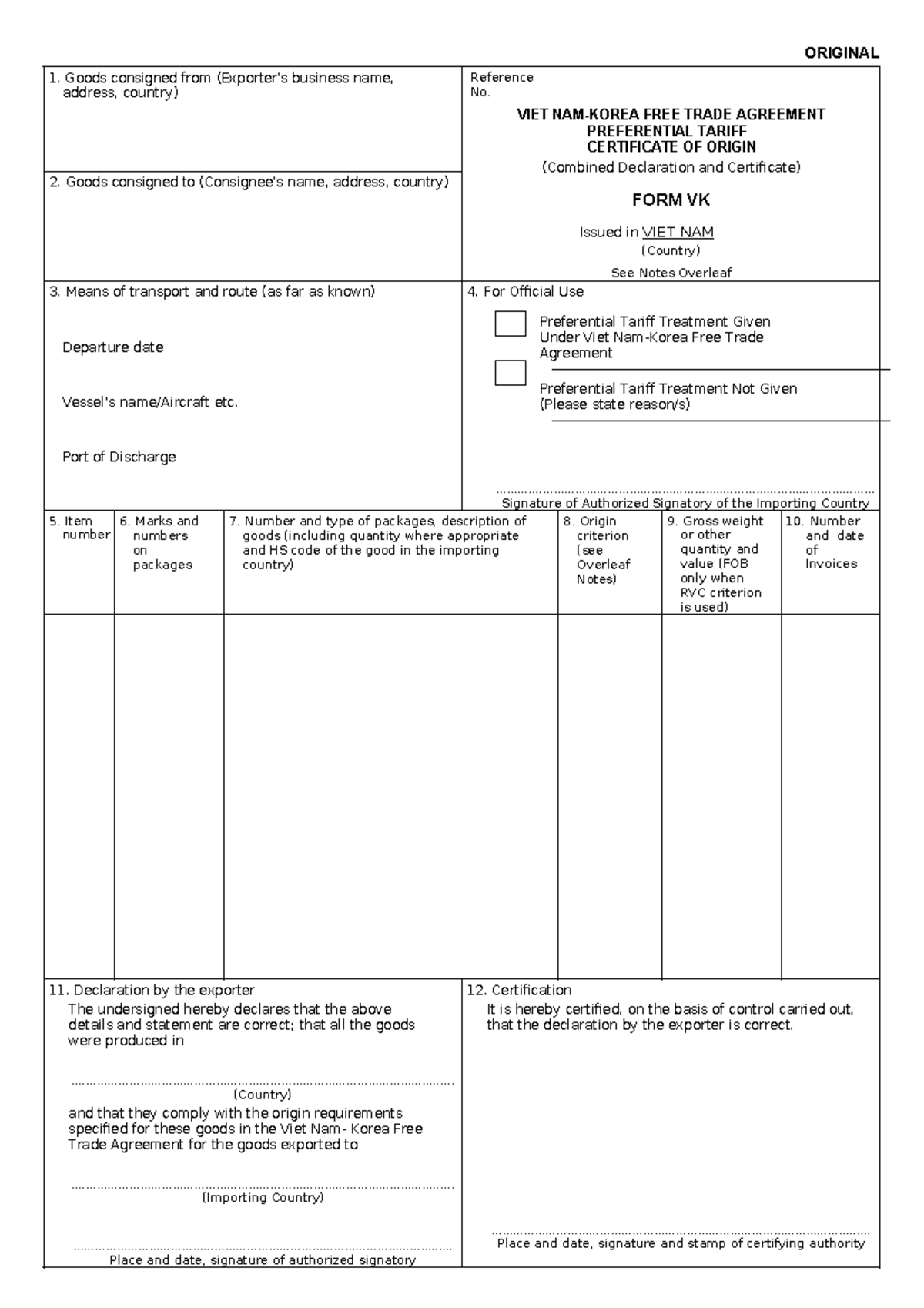 VNT-KOR FTA Form VK: Certificate of Origin Details and Instructions ...