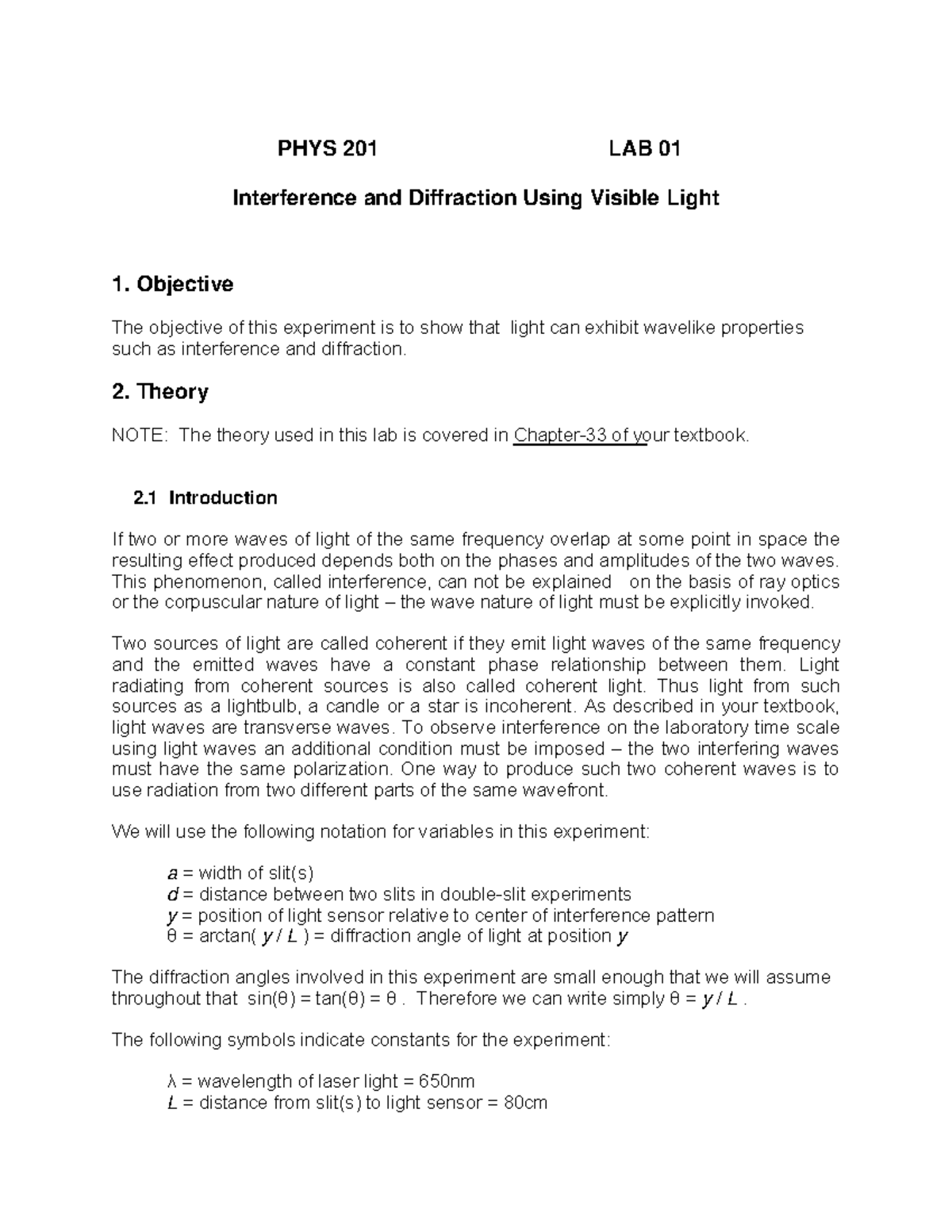 PHYS-201-LAB-01: Interference & Diffraction with Visible Light - Studocu