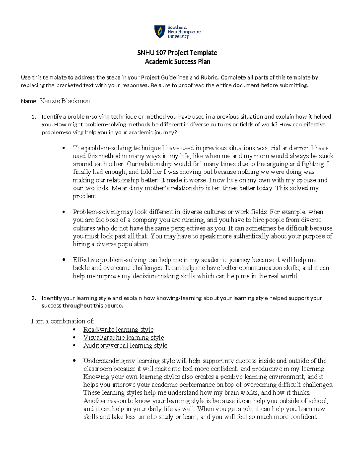 SNHU 107 Final Project: Crafting an Academic Success Plan - Studocu