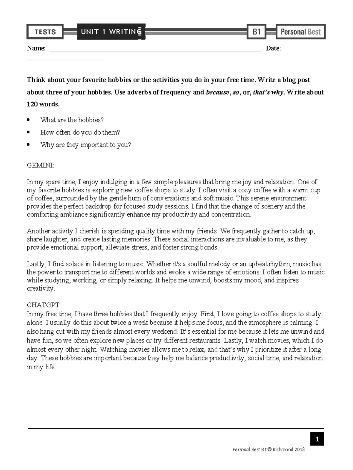 Unit 1 Writing Test: My Favorite Hobbies and Why They Matter - Studocu