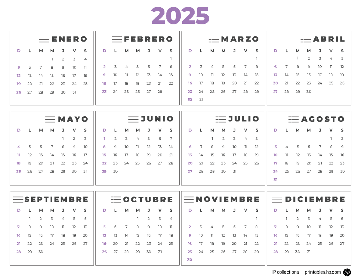 Yearly Calendar 2025 02 es - E N E R O HP collections | printables.hp D ...
