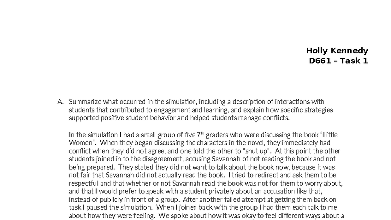 D661 Task 1 - Simulation Reflection on Student Engagement Strategies ...