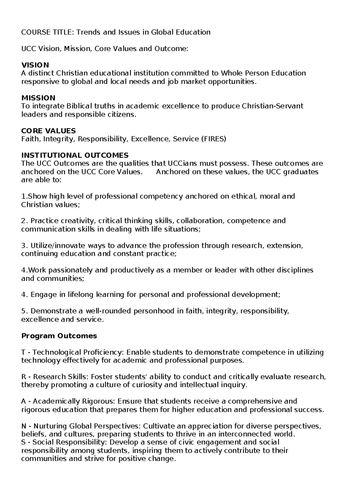 UCC Course Outline: Trends & Issues in Global Education - Studocu