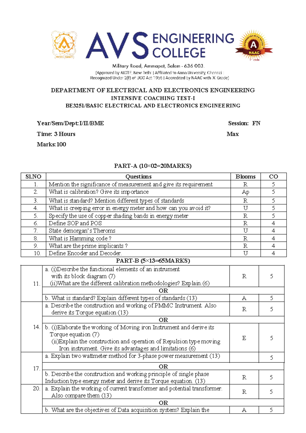 BEEE 4 & 5 Intensive Coaching Test - Electrical Engineering QP - Studocu