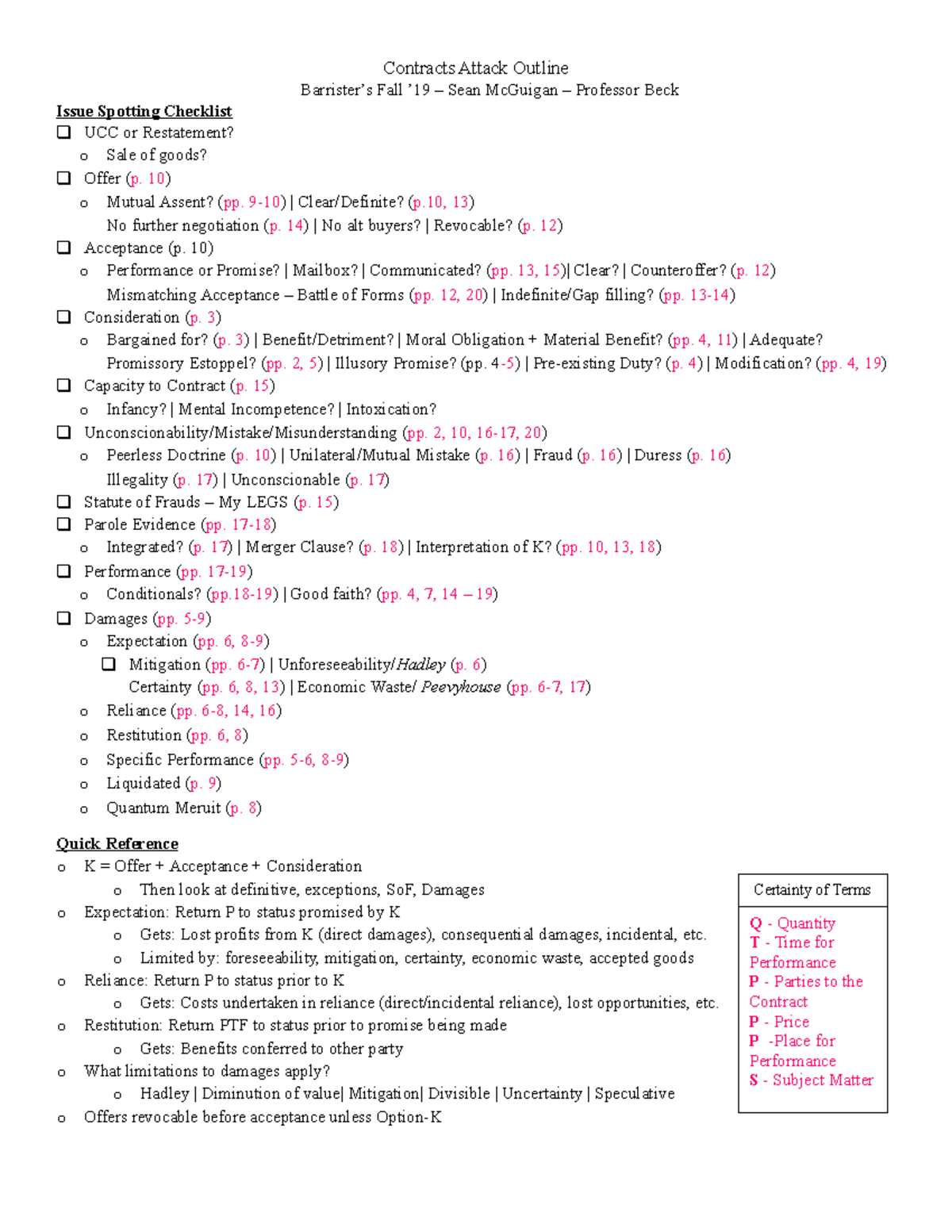 Contracts Semester 1L Summary - Contracts Attack Outline Barrister’s ...