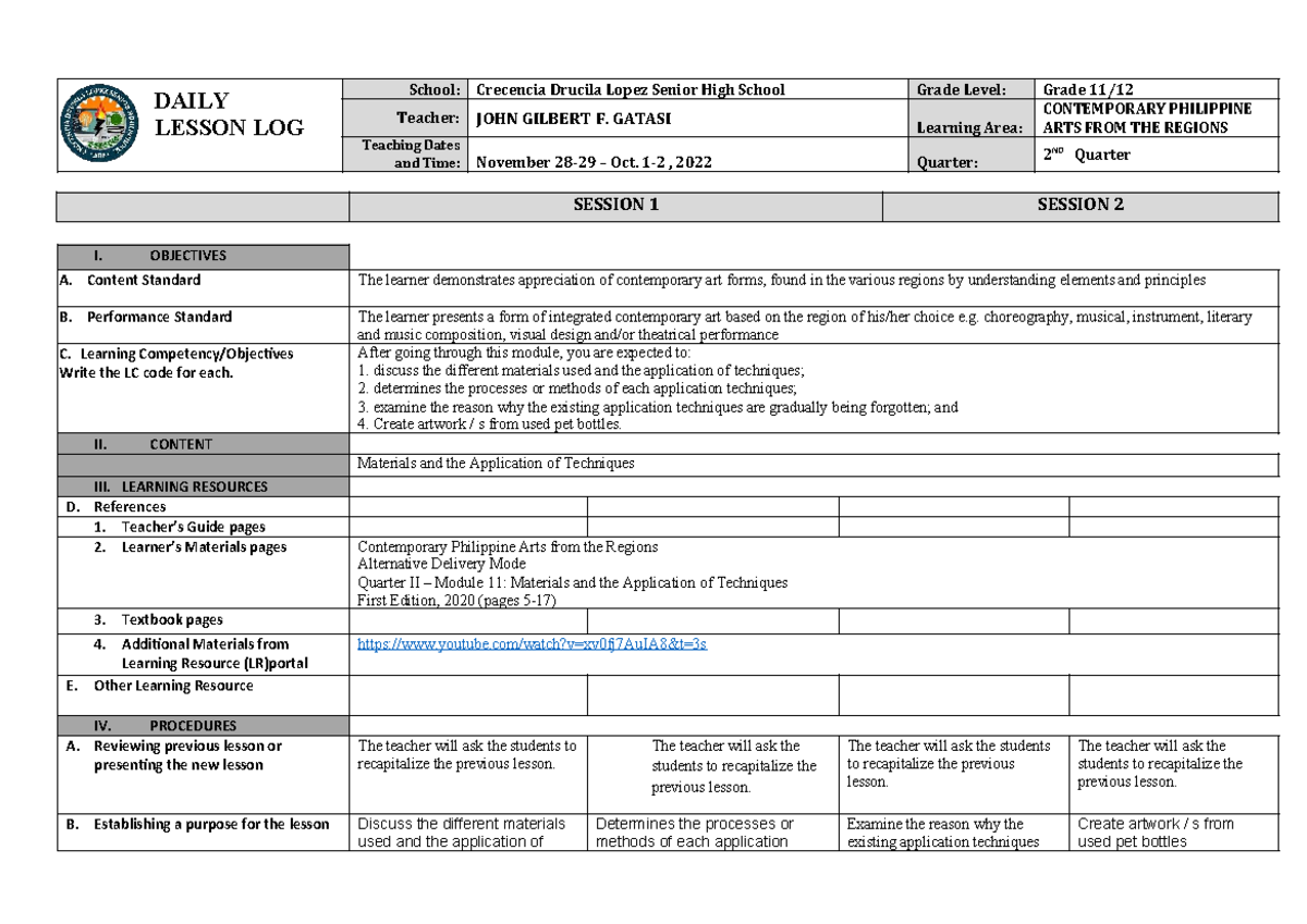 DAILY LESSON LOG: Materials & Techniques in Contemporary Arts (2nd Qtr ...