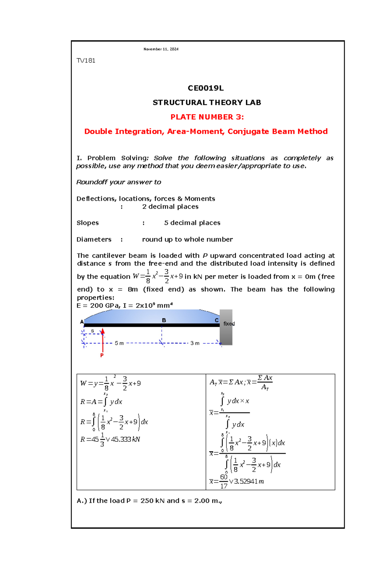 TOS LAB 3 - Lab - November 11, 2024 TV CE0019L STRUCTURAL THEORY LAB PLATE NUMBER 3: Double ...