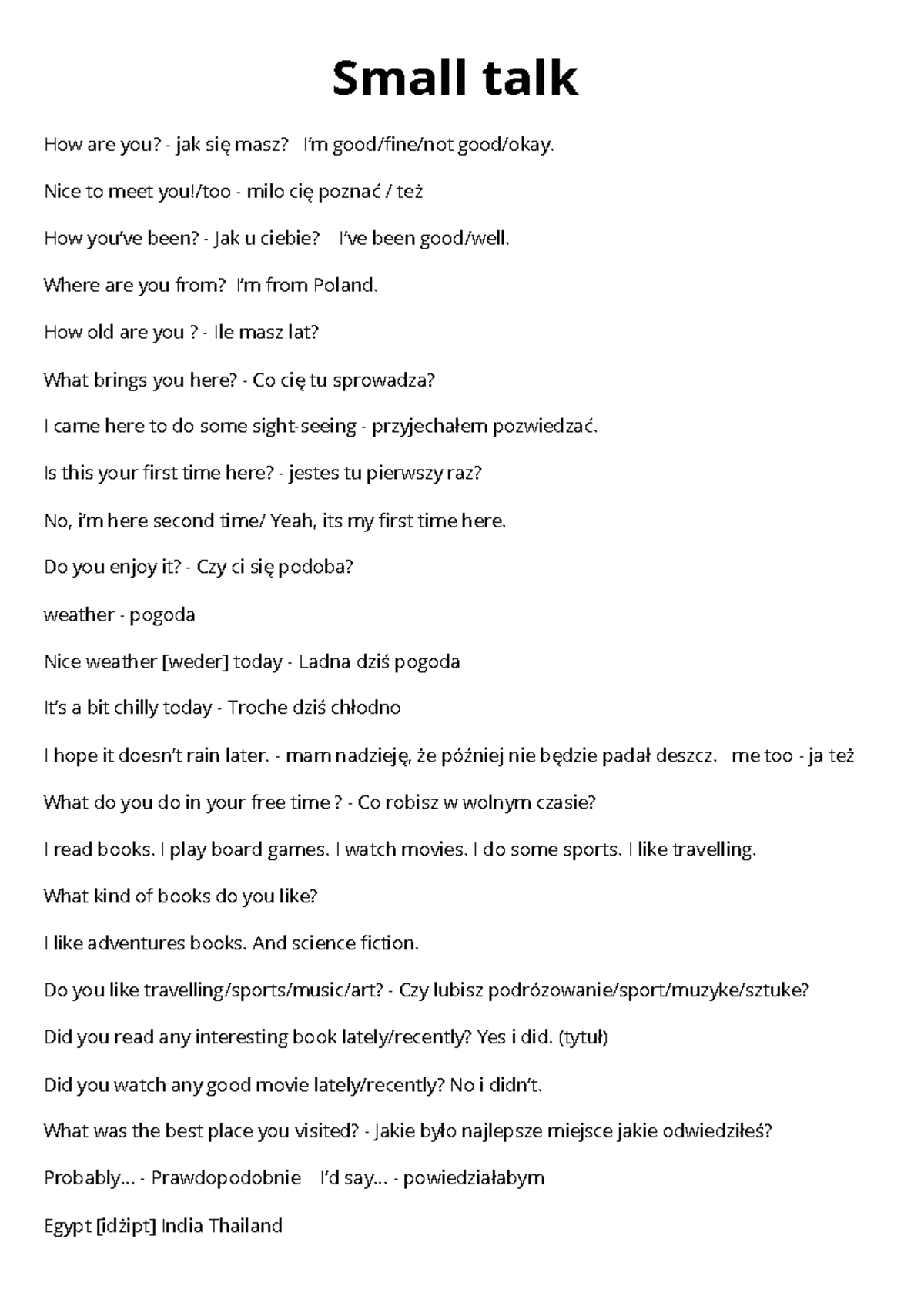 Small Talk Basics: Essential Phrases for Conversations (ENG-PL) - Studocu