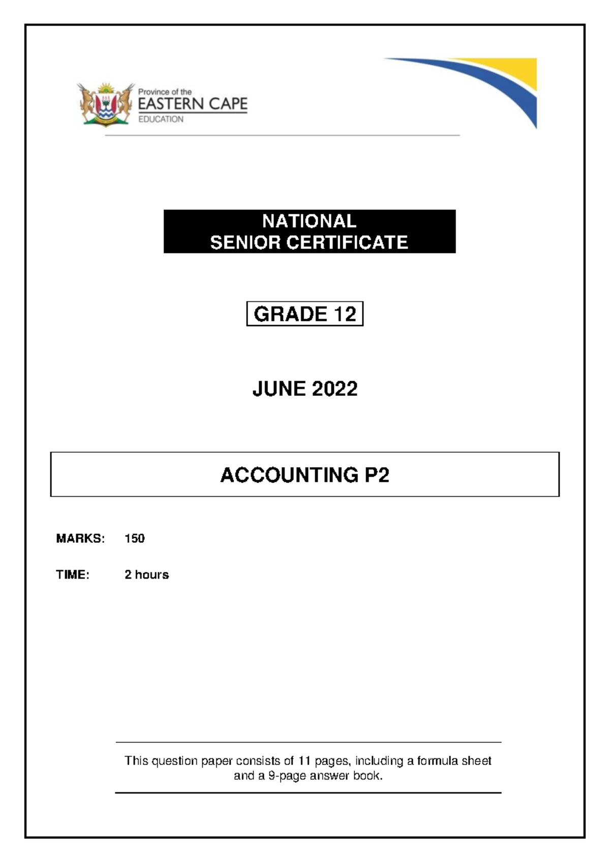 Grade 12 Accounting P2 June 2022 Exam Paper and Formula Sheet - Studocu