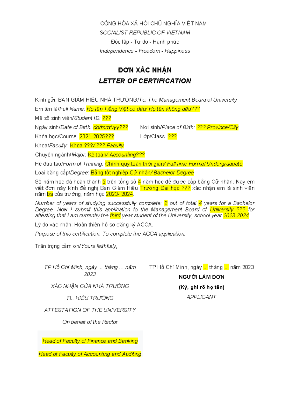 Giấy Xác Nhận Sinh Viên 2024 - ACCA Application Form 2023-2024 - Studocu