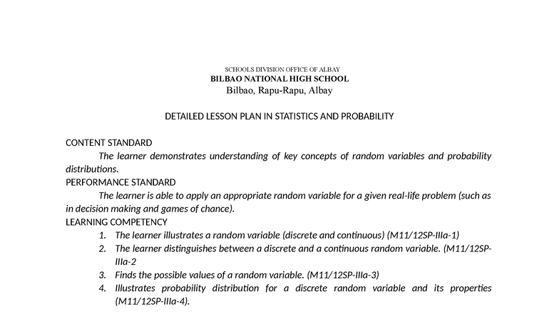 Detailed Lesson Plan in Statistics & Probability (LP-StatProb) - Studocu
