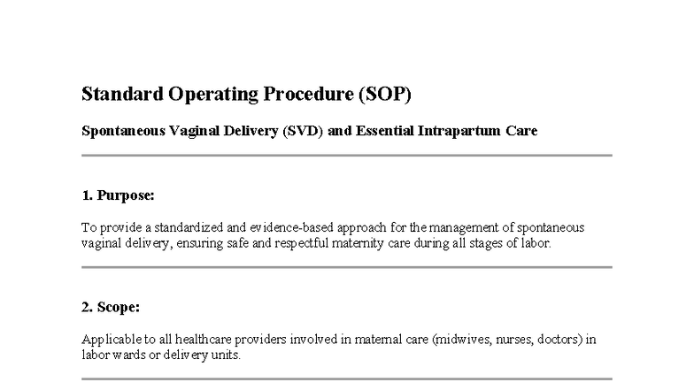 SOP for Spontaneous Vaginal Delivery & Intrapartum Care - Studocu