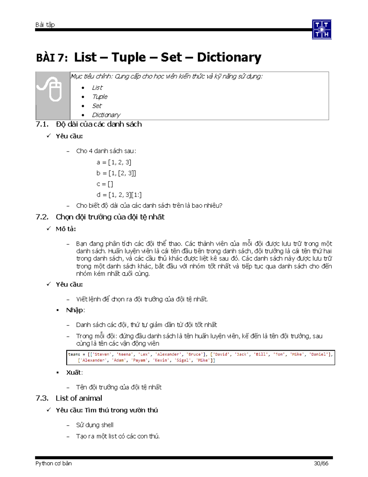 Bài Tập 7: Sử Dụng List, Tuple, Set, và Dictionary trong Python - Studocu