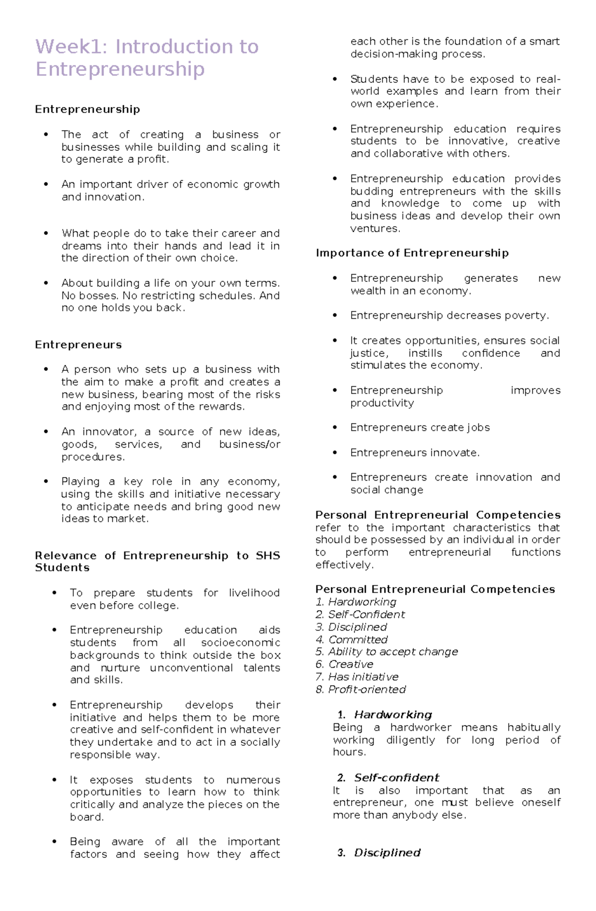 Week 1 Summary of Entrepreneurship Concepts for SHS Students - Studocu