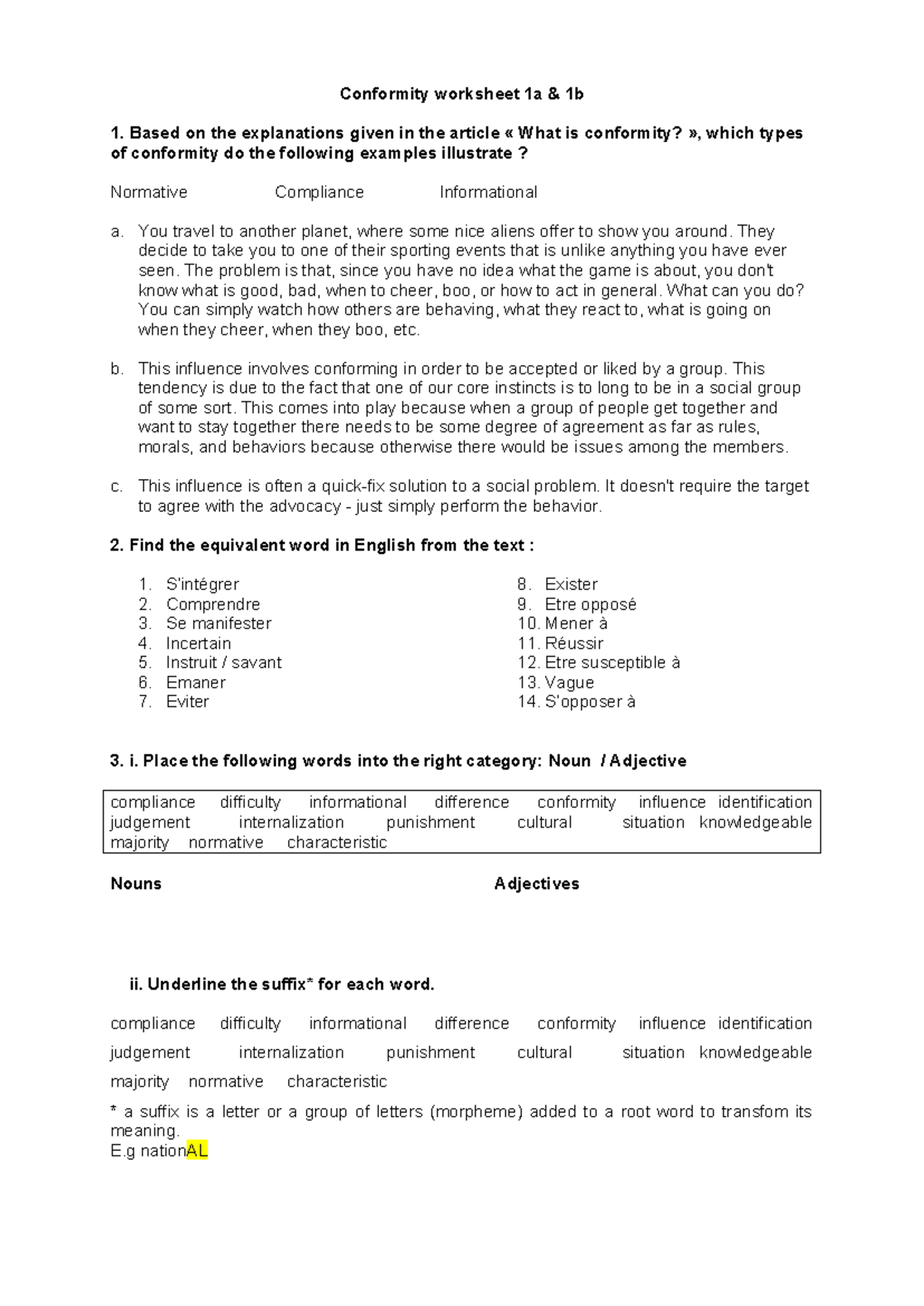 Conformity Worksheet 1A & 1B: Types & Examples Analysis - Studocu