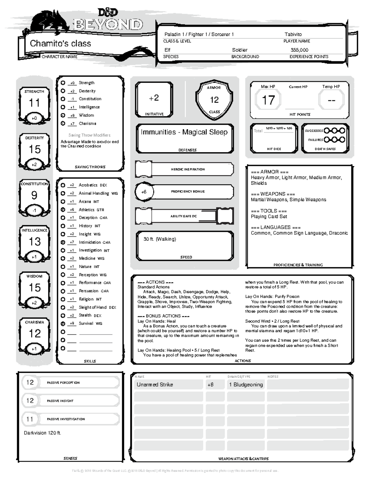 Character Sheet: Tabivito - Paladin 1 / Fighter 1 / Sorcerer 1 - Studocu