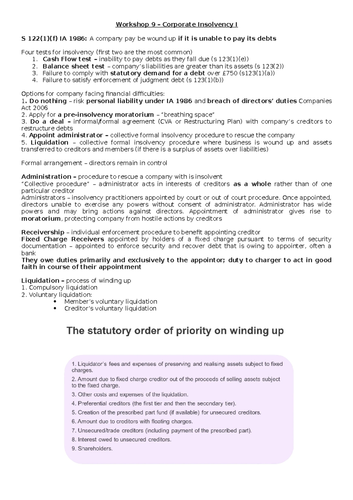 Workshop 9 notes - Workshop 9 – Corporate Insolvency I S 122(1)(f) IA ...