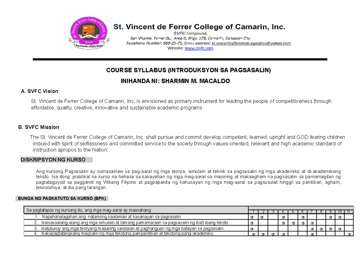 Syllabus para sa Pagsasalin (INTRODUKSYON SA PAGSASALIN) - 3 Yunit ...