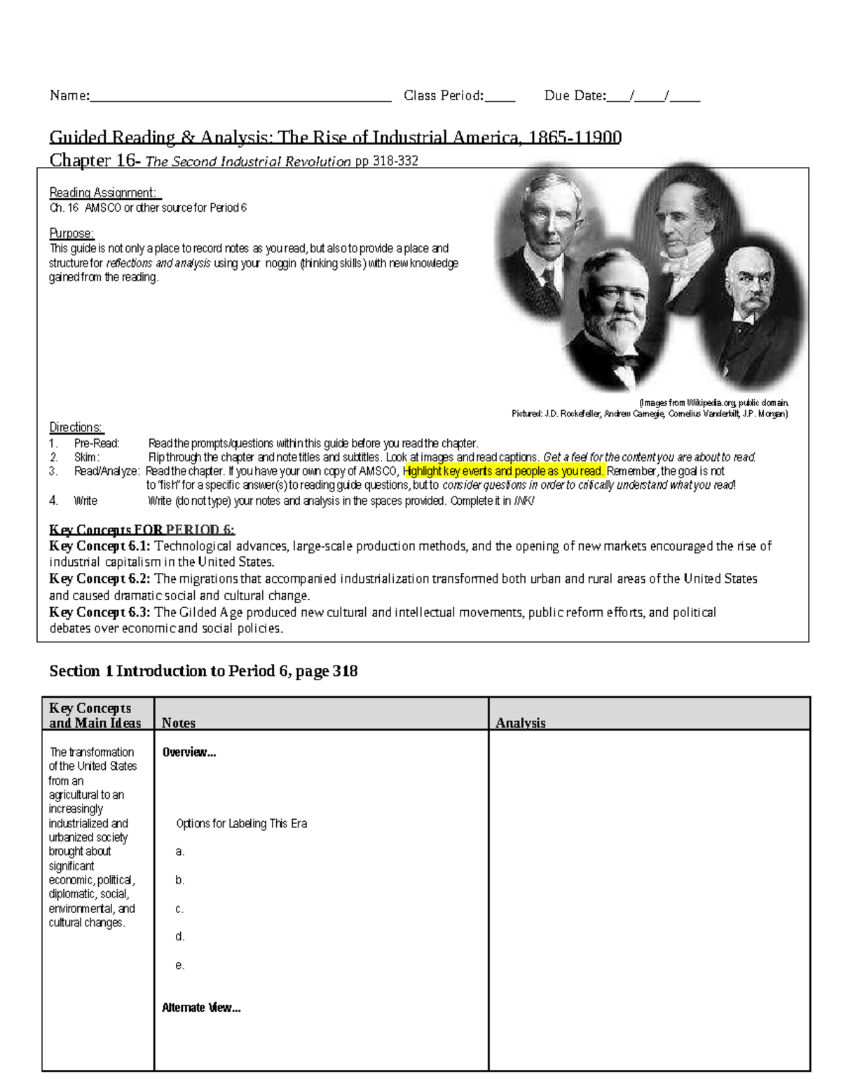Guided Reading Analysis: The Rise of Industrial America, Ch. 16 (APUSH ...