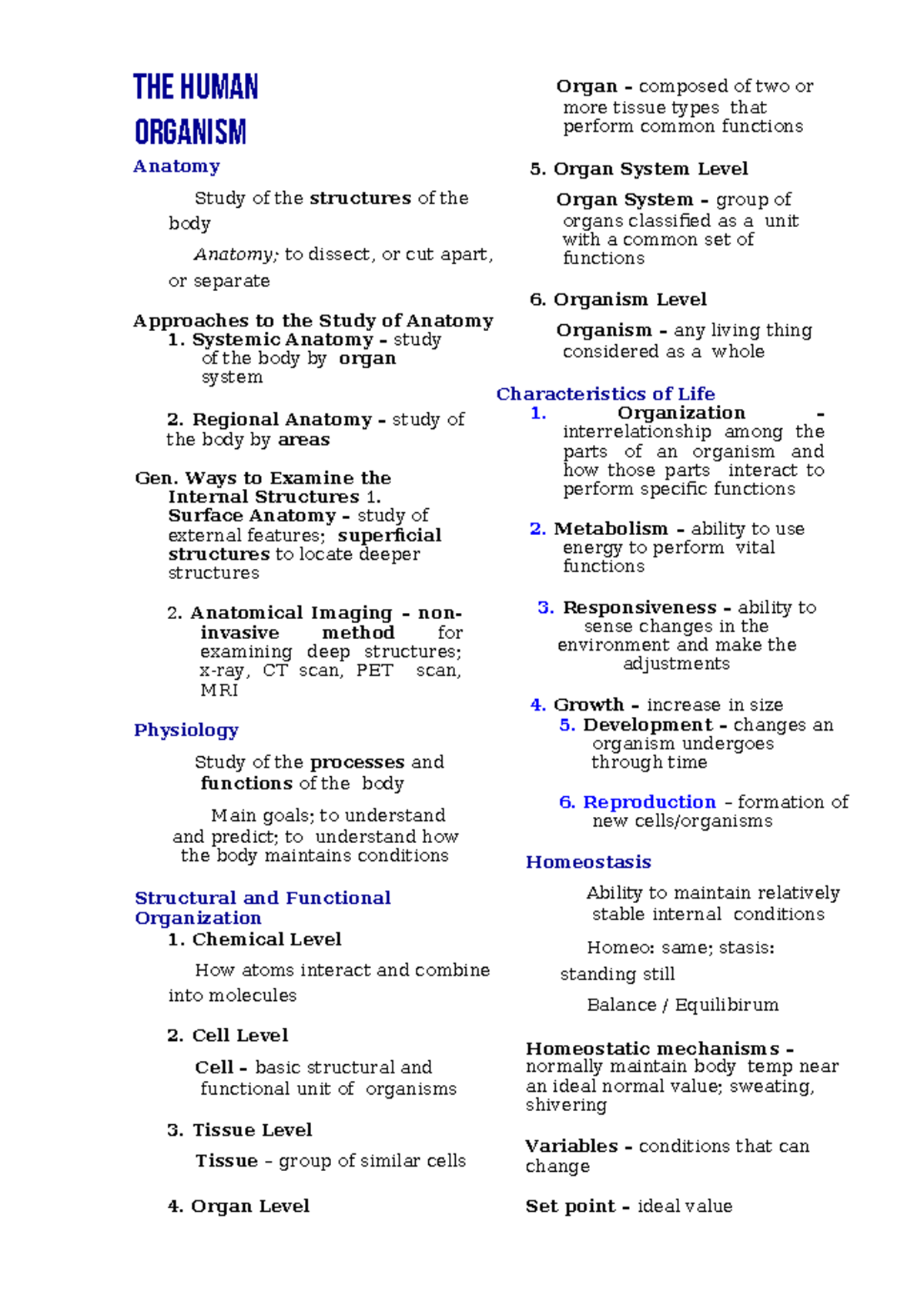 Anatomy Study of the Human Organism: Structures & Functions - Studocu