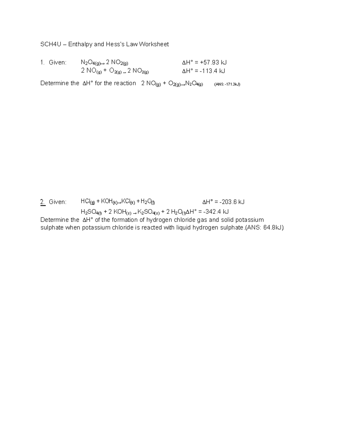 SCH4U Hess Law Practice Worksheet on Enthalpy Calculations - Studocu