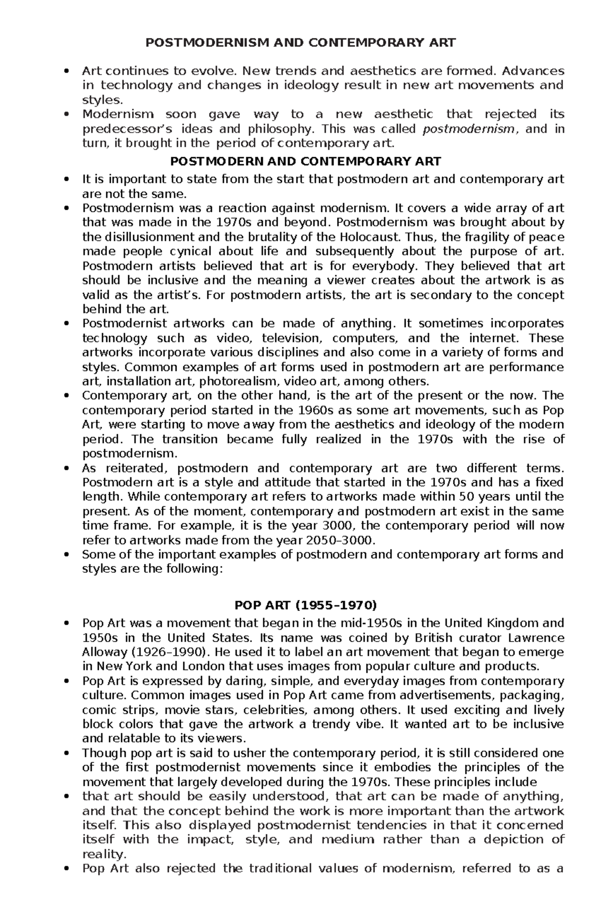 LESSON 2: POSTMODERNISM VS. CONTEMPORARY ART - QUARTER 1 - Studocu