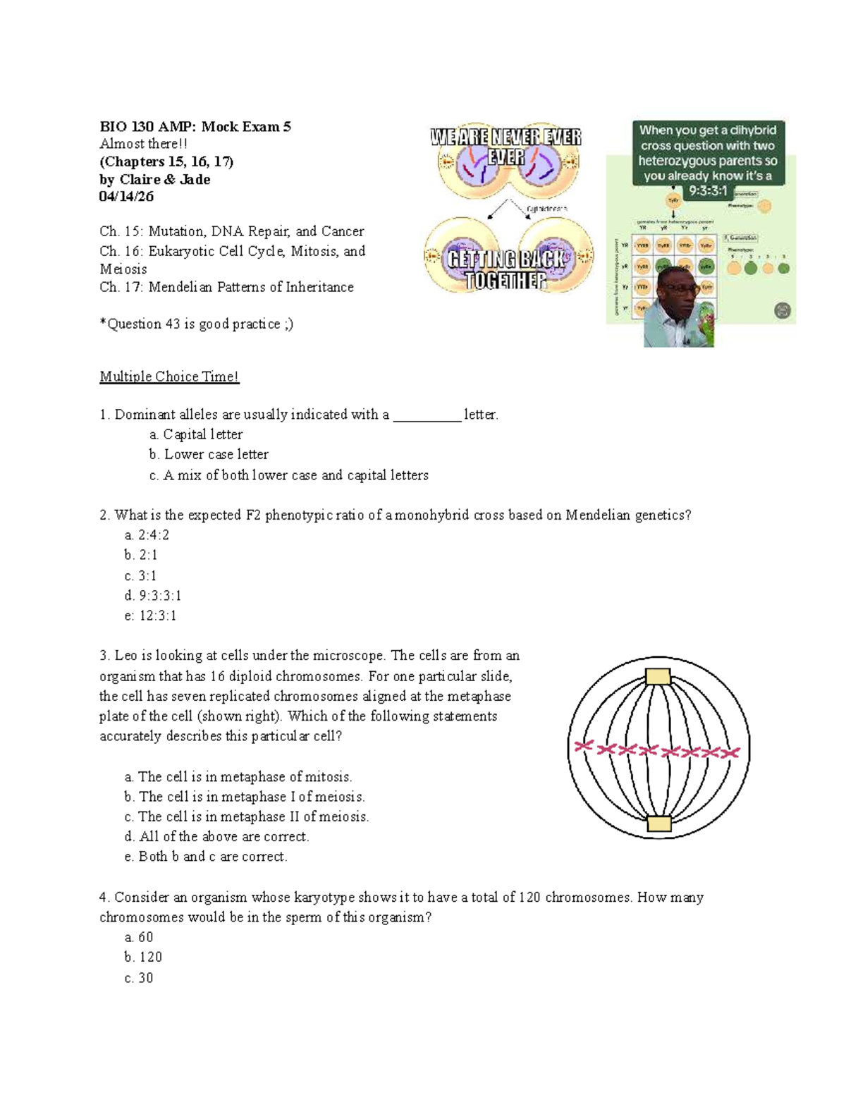 BIO 130 AMP: Mock Exam 5 - Genetics and Cell Cycle - Studocu