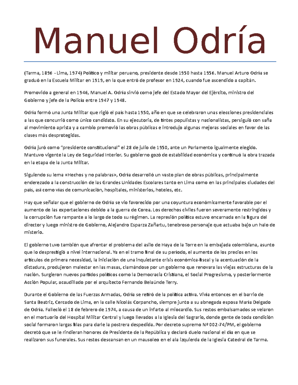 Biografía de Manuel Odría: Político y Presidente de Perú (1950-1956 ...