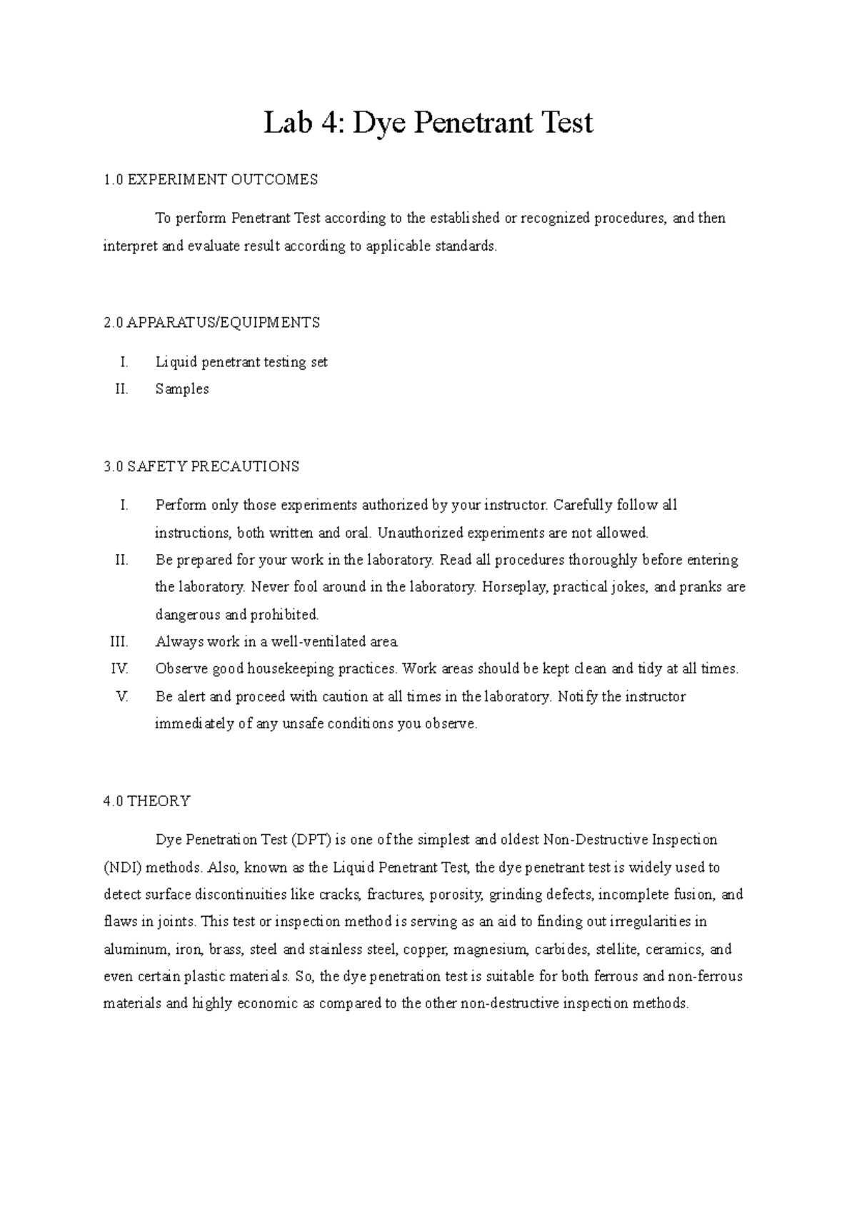 Lab 4: Dye Penetrant Test Report and Safety Guidelines - Studocu