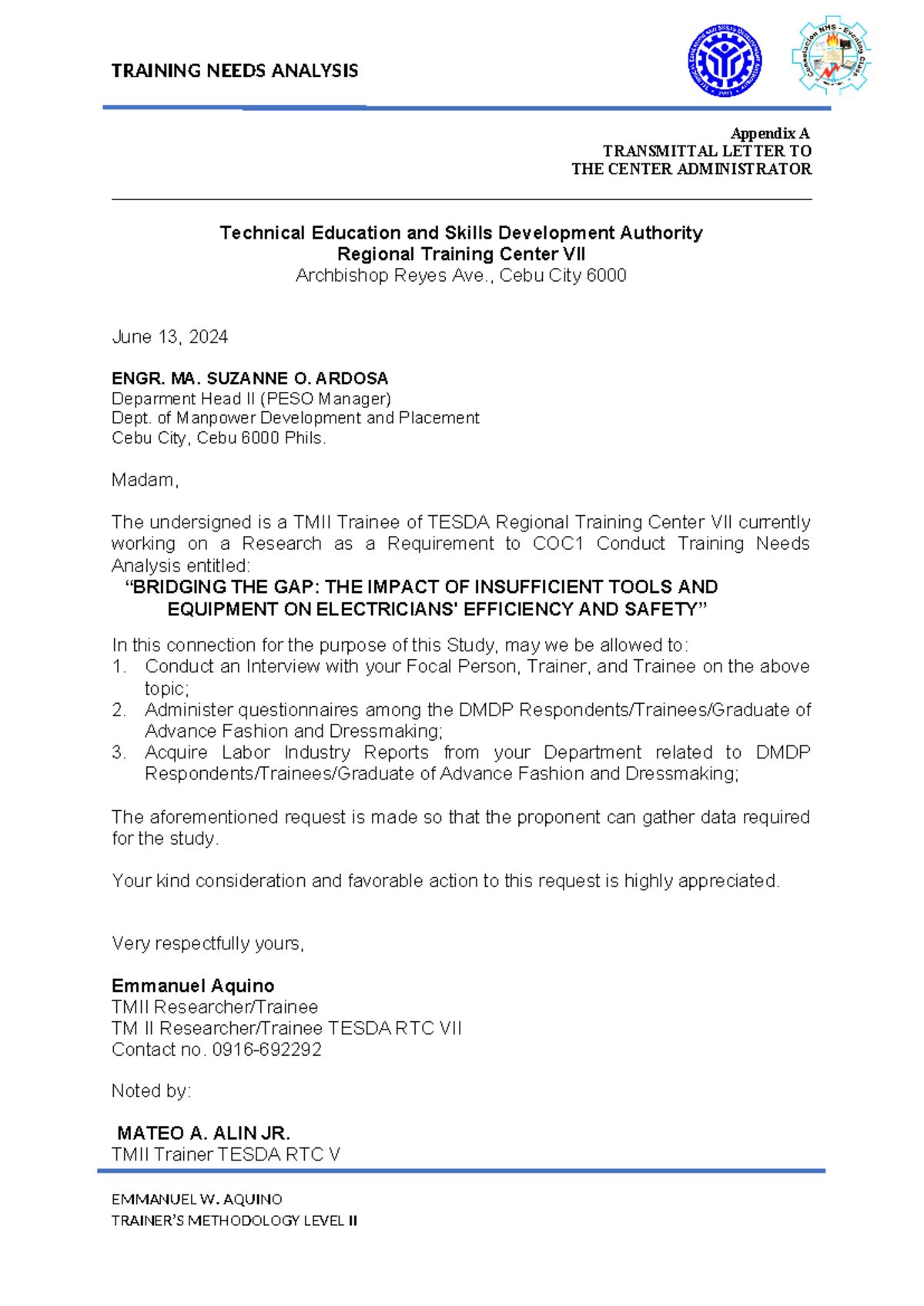 Transmittal Letter & Survey for TM II Research on Electricians' Skills ...