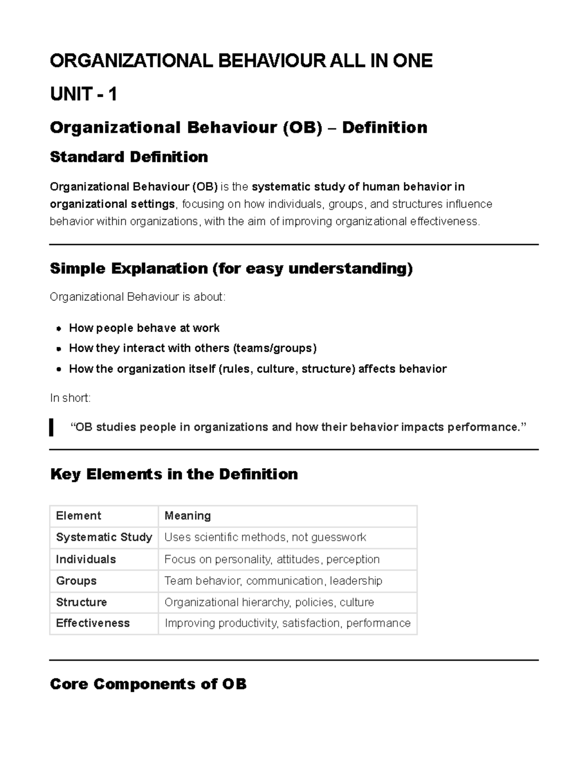 Organizational Behaviour (OB) Unit 1: Comprehensive Overview and Key ...