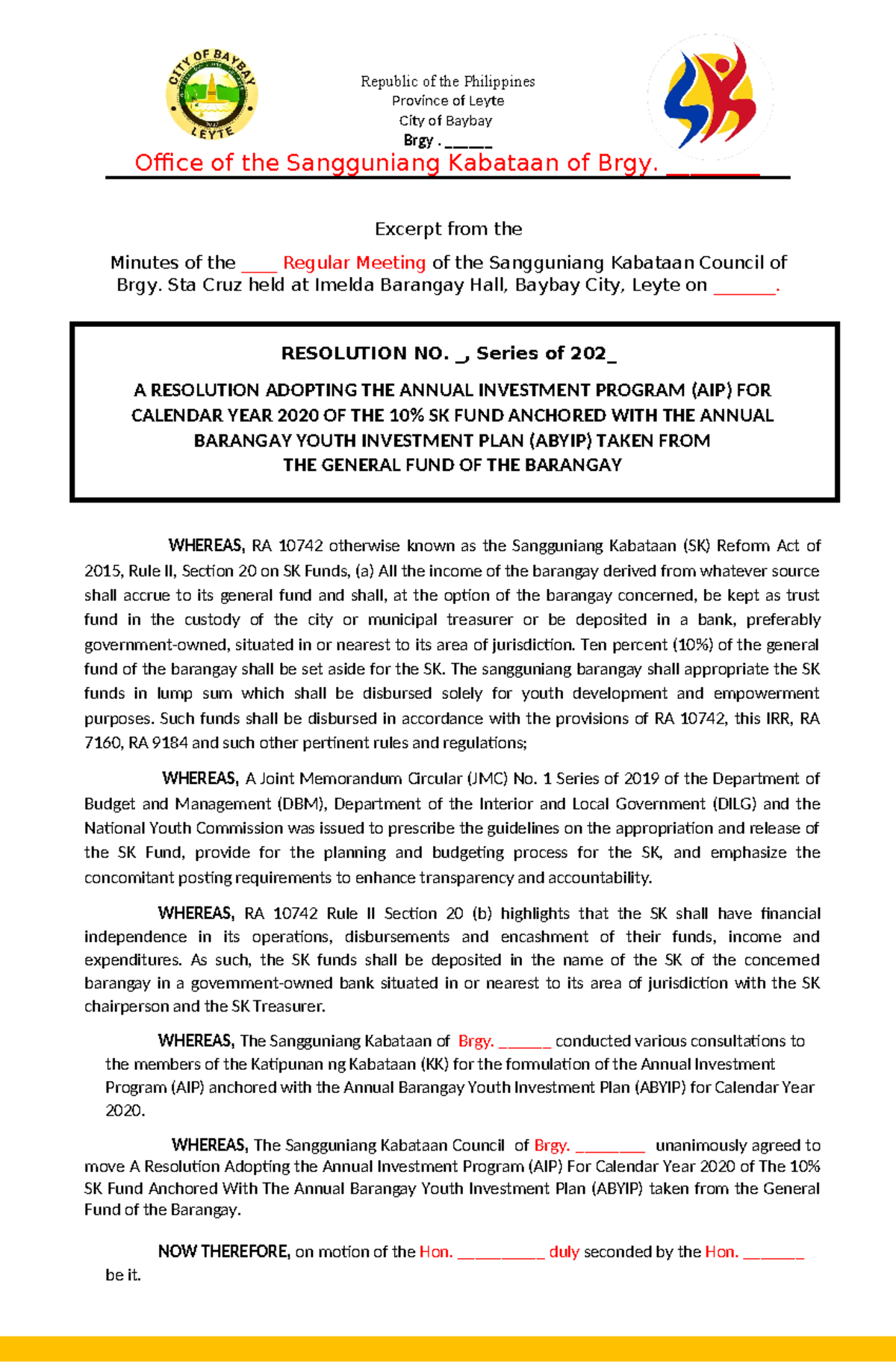 Resolution for Adopting AIP & ABYIP: SK Fund 10% - 2020 - Studocu