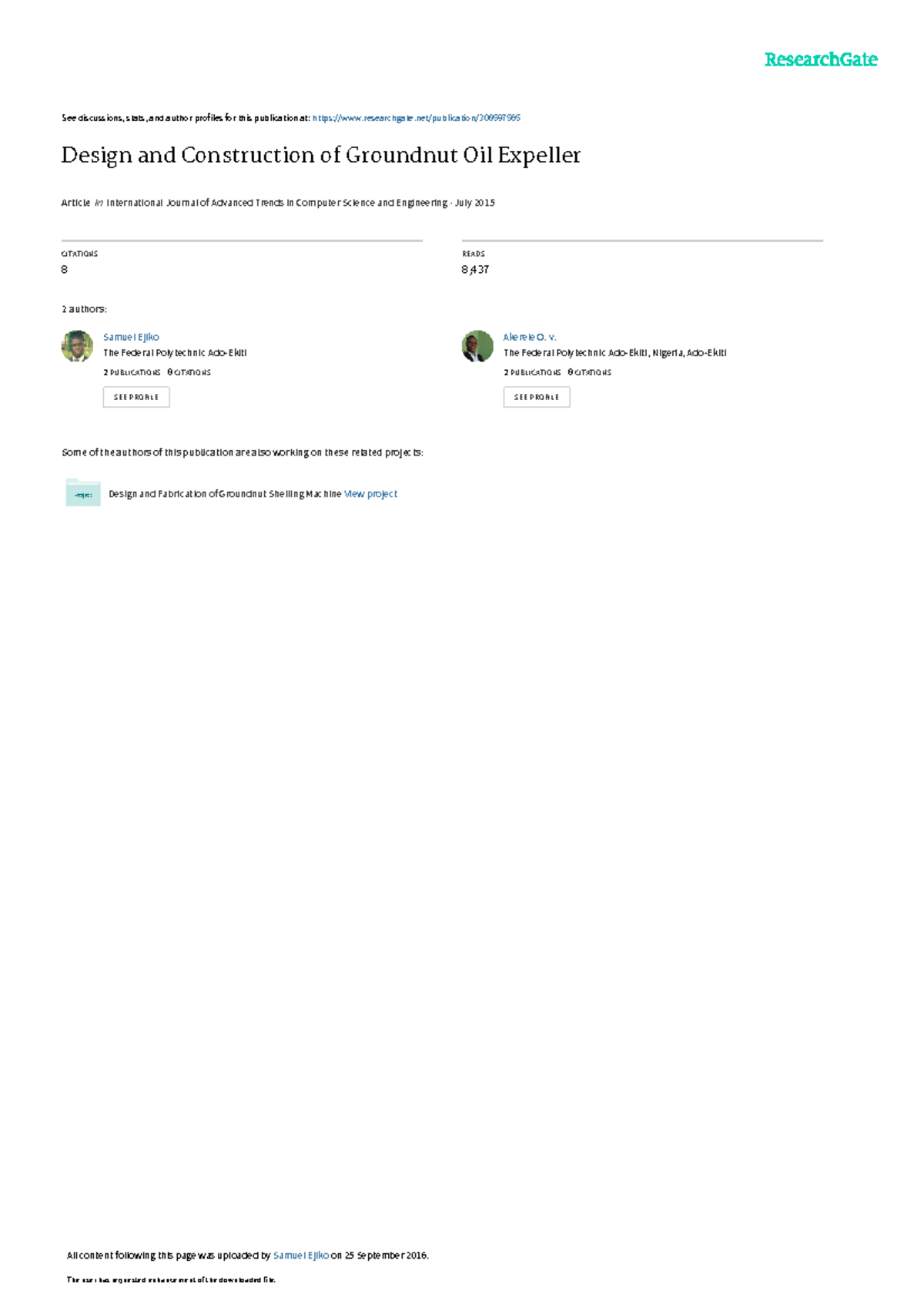 Design and Construction of Groundnut Oil Expeller (IJECS) - Studocu