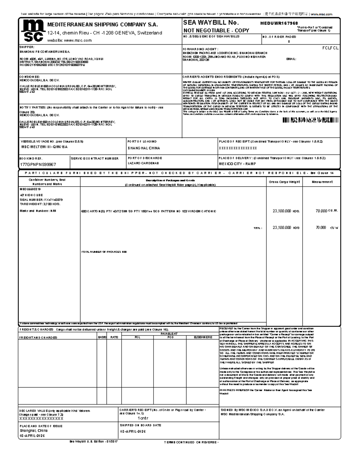Bill of Lading - MSC Sea Waybill No. MEDUWR167968 - Studocu