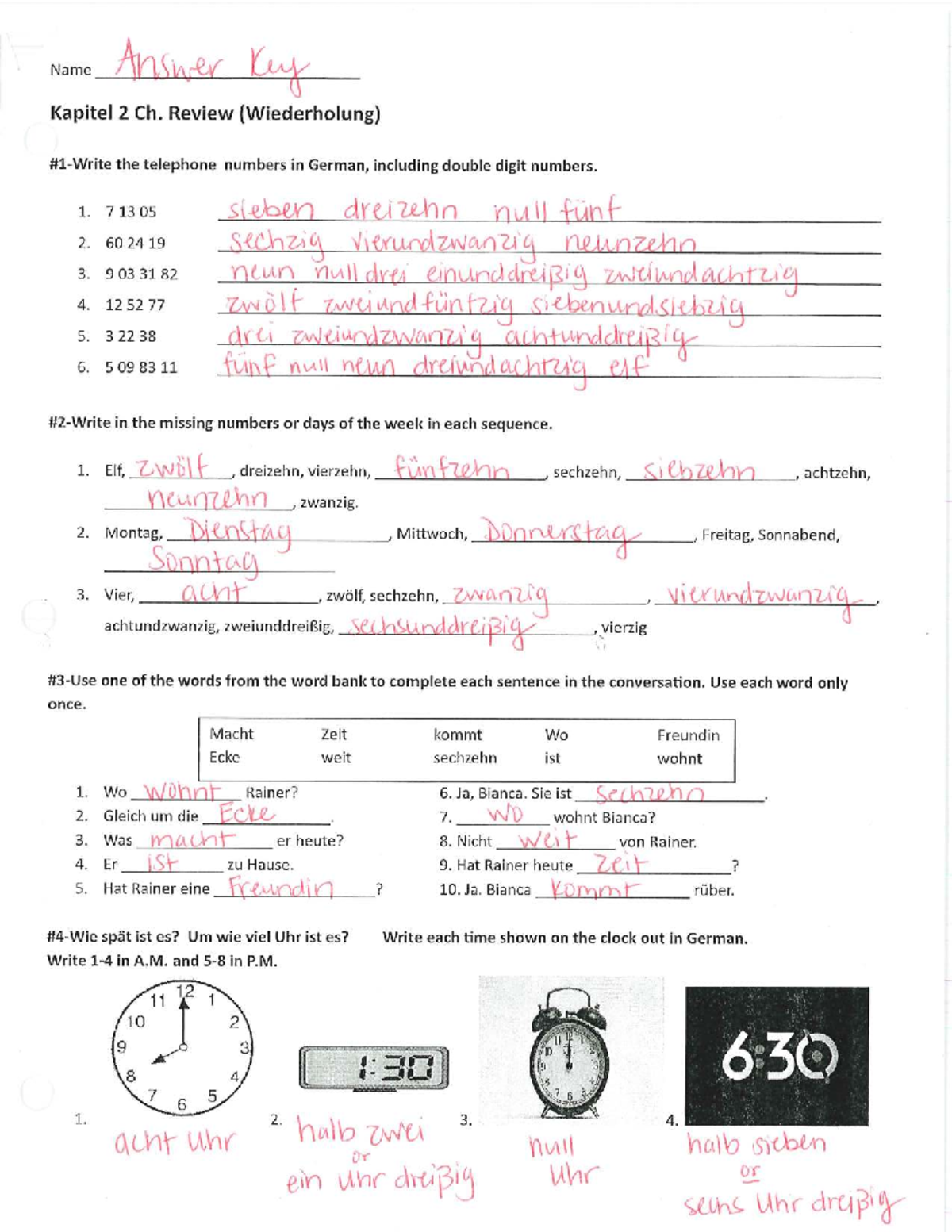 D1 K2 Kapitel 2 Ch. Review Answer Key: German Numbers & Vocabulary ...