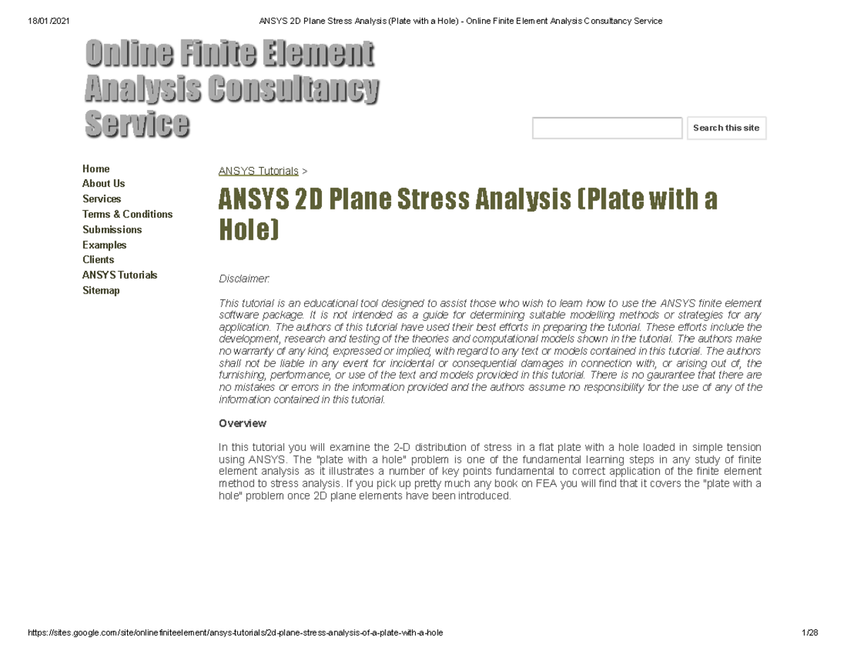 ANSYS 2D Plane Stress Analysis Tutorial: Plate with a Hole Guide - Studocu