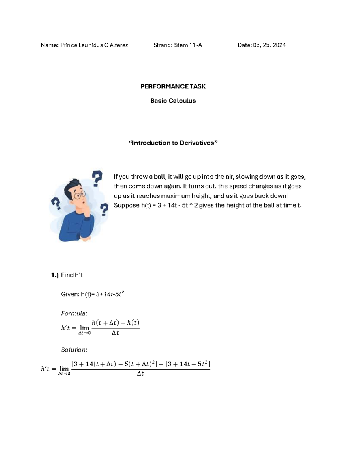 Basic Calculus Performance Task: Derivatives Analysis (STEM 11-A) - Studocu