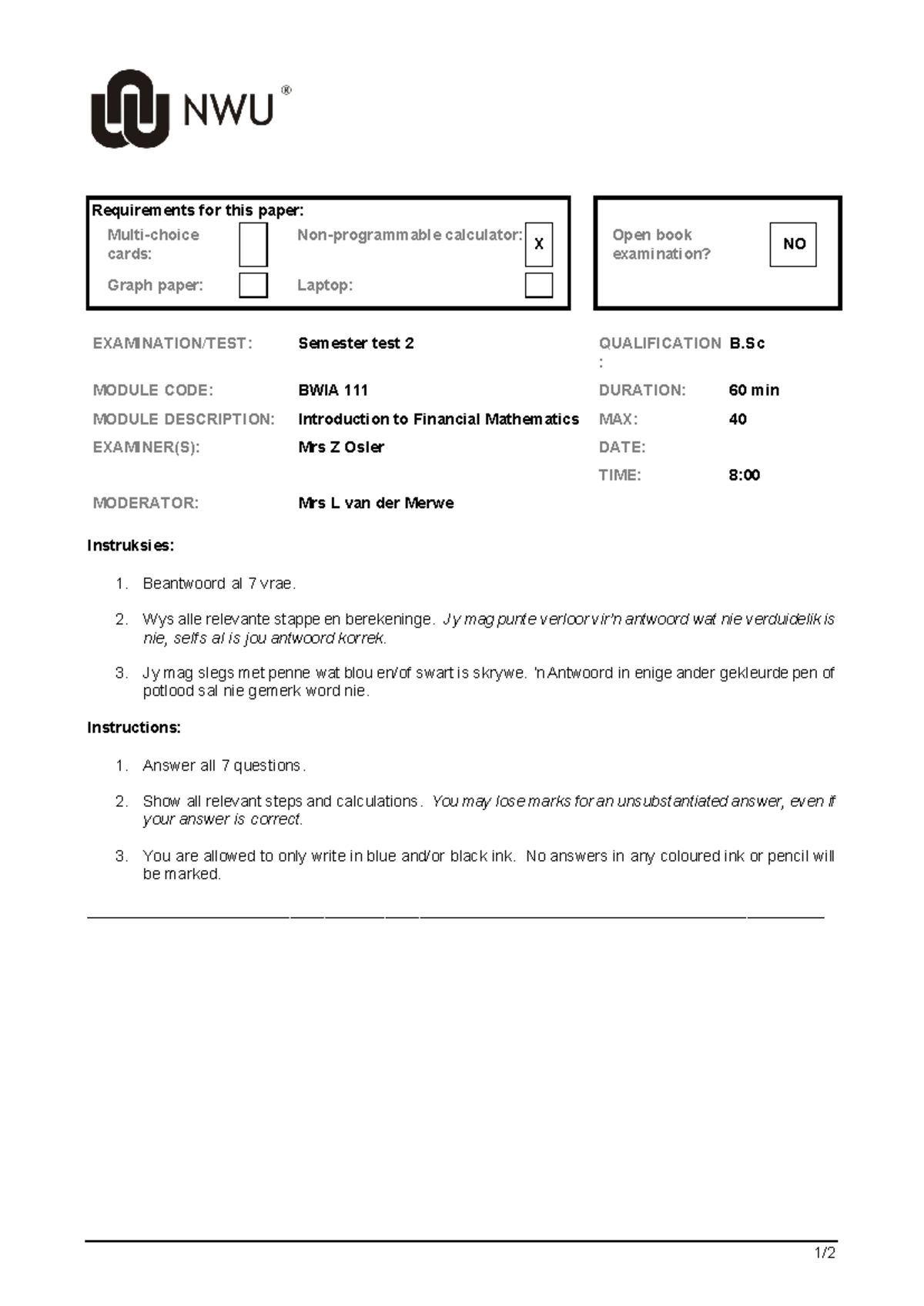 2023 Semester Test 2 Memo: Introduction to Financial Mathematics (BWIA ...