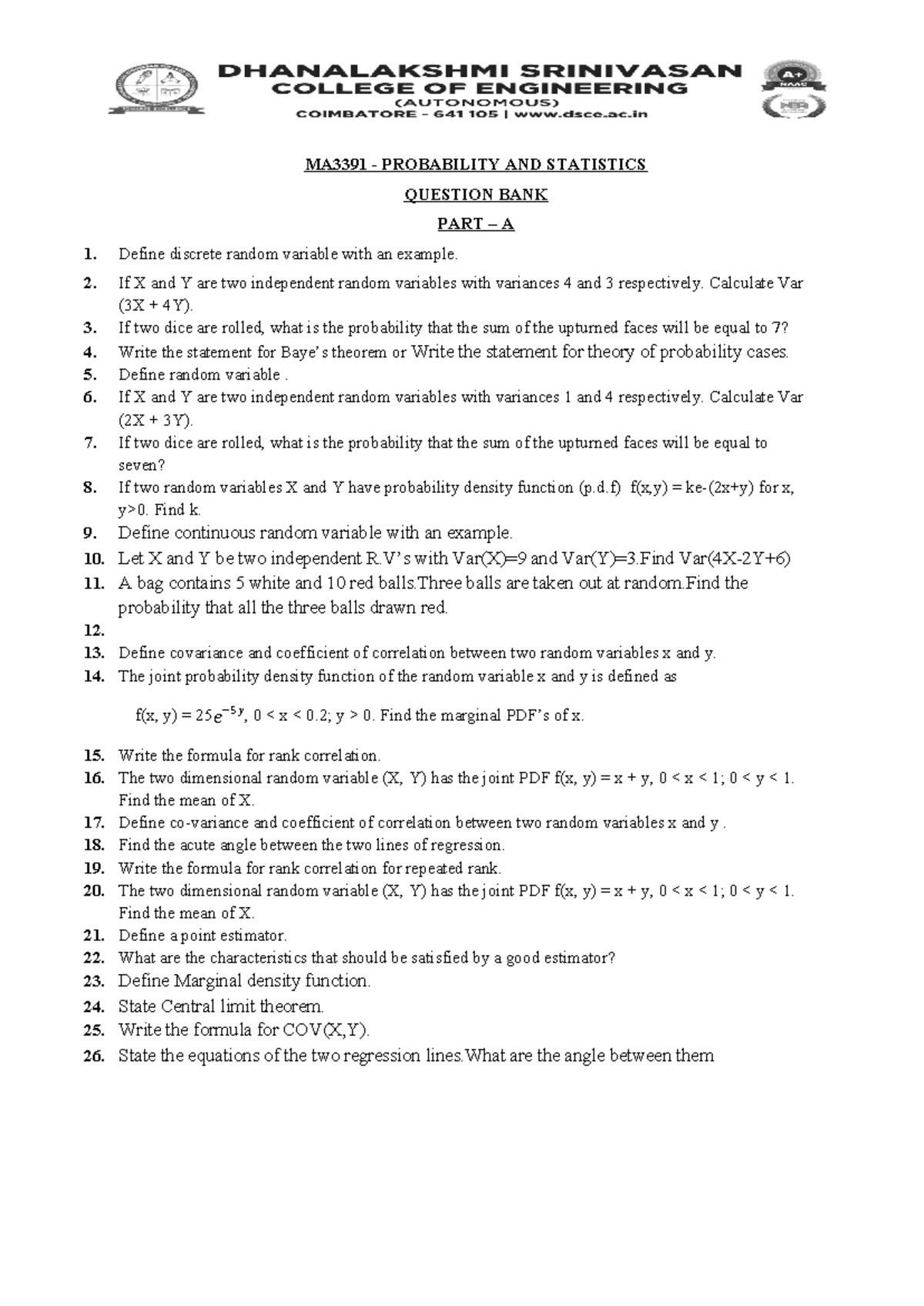 MA3391 Probability and Statistics - Complete Question Bank - Studocu