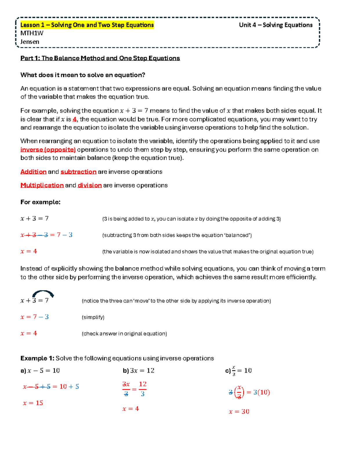 Lesson 1: Solving One and Two-Step Equations MTH1W Unit 4 - Studocu