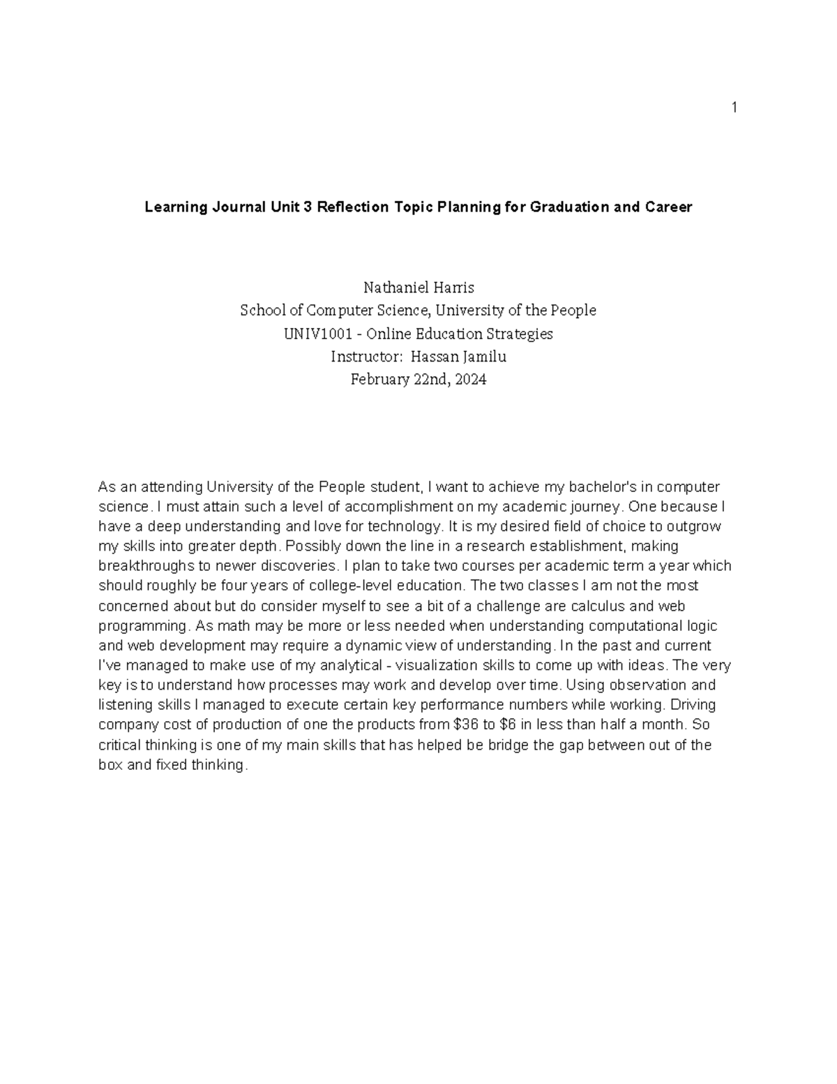 Unit 3 Reflection: Planning for Graduation & Career - UNIV 1001 - Studocu